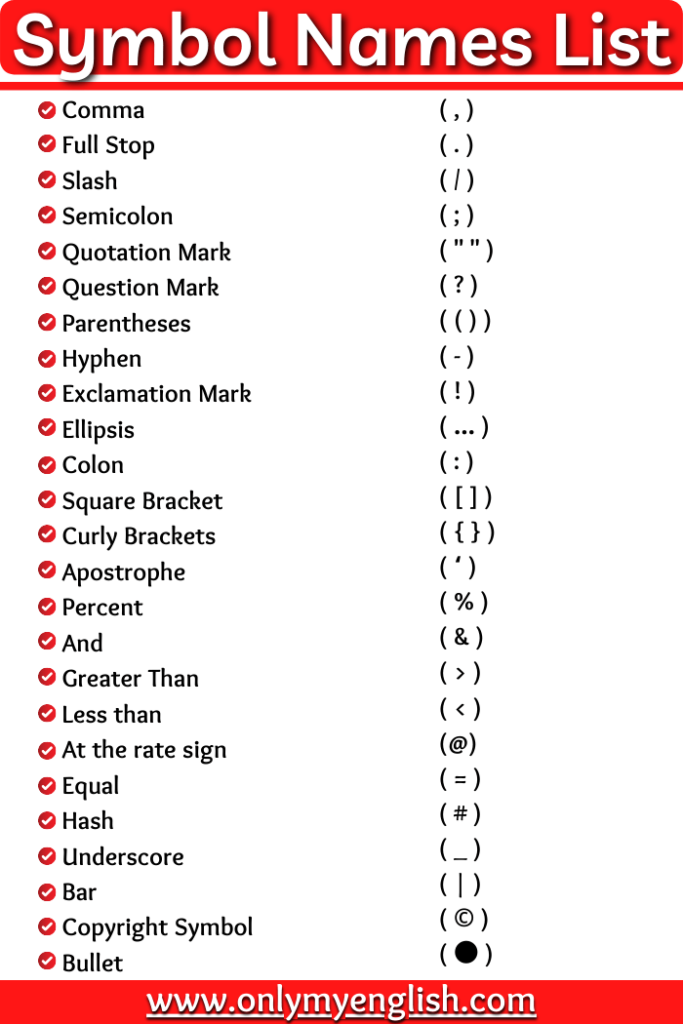 50 List of Symbol Name in English » Onlymyenglish.com