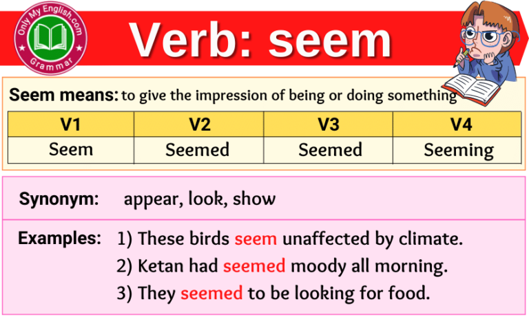 Seem Verb Forms - Past Tense, Past Participle & V1V2V3